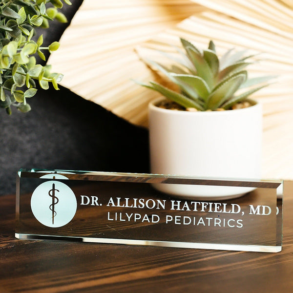 Physician Glass Name Plate - Polished Block Office Desk Sign - Pink ...