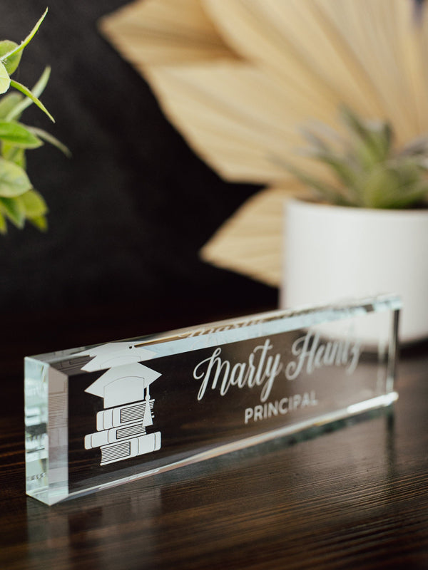 Principals Glass Office Name Plate - Polished Block Office Desk Sign ...