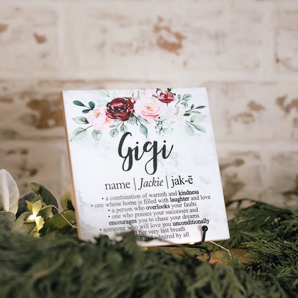 Gigi Definition Quote Art Sign Plaque With Stand - Pink Posies and Pearls