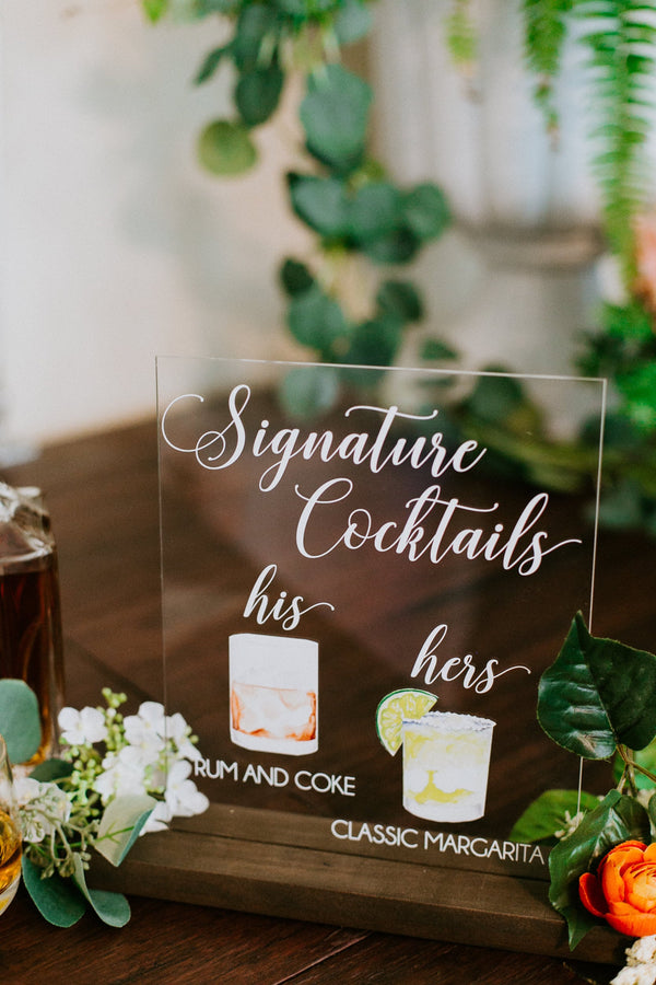 Bar Menu Signature Cocktails Custom Clear Glass Look Acrylic Wedding ...