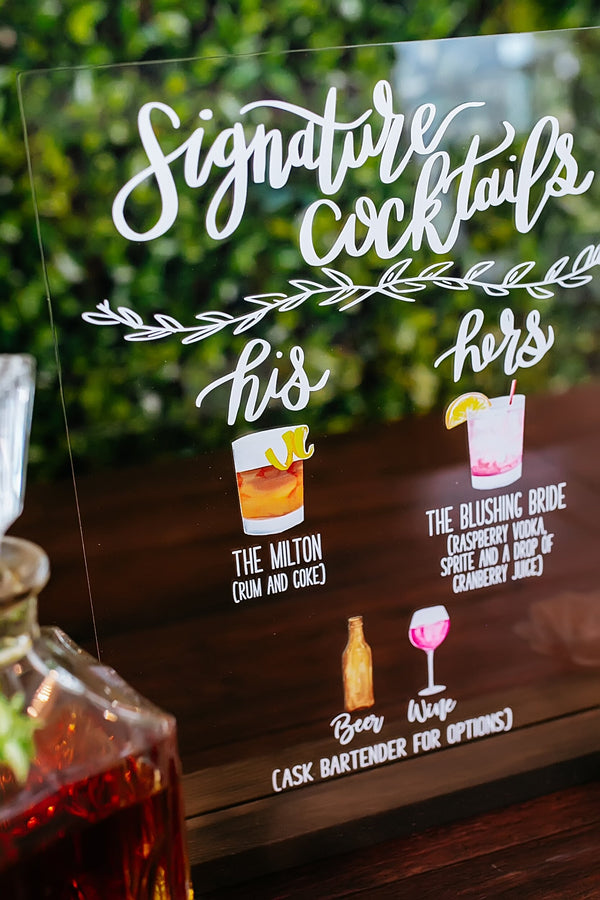Bar Menu Signature Cocktails Custom Clear Glass Look Acrylic Wedding ...