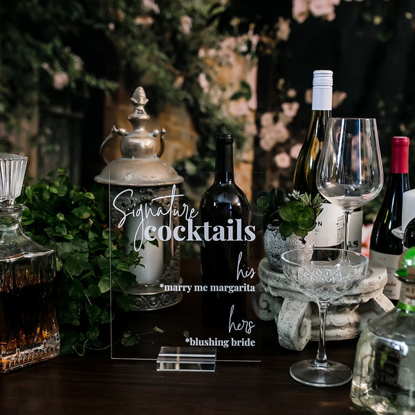 Bar Menu Signature Cocktails Custom Clear Glass Look Acrylic Wedding ...