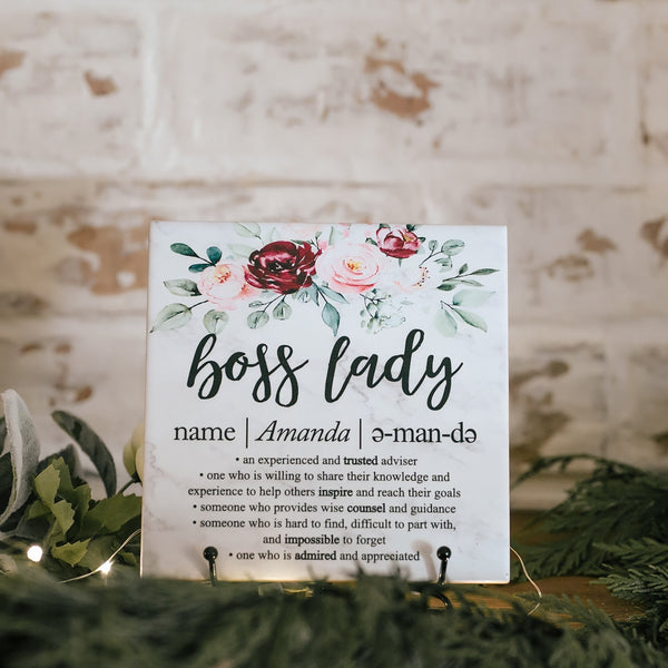 Marble Boss Lady Definition Plaque With Stand, Thank You Mentor Sign, - Pink Posies and Pearls