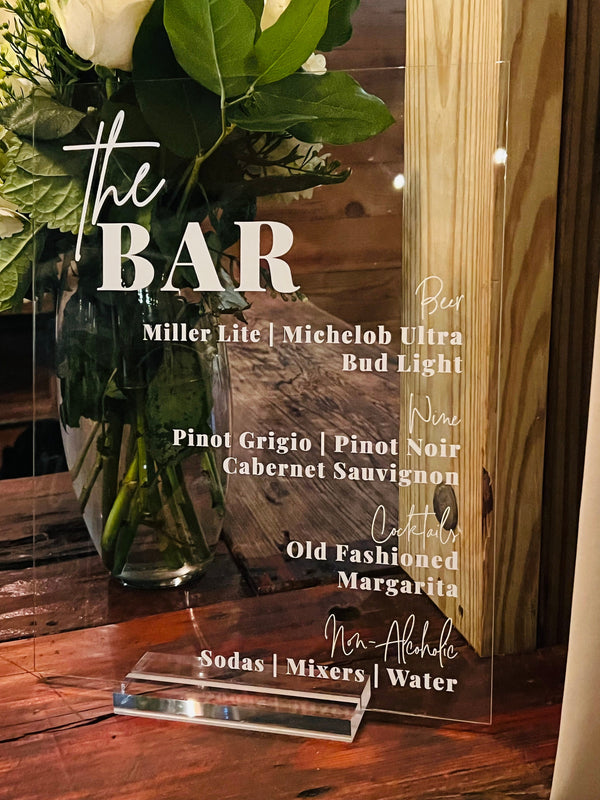 Bar Menu Signature Cocktails Custom Clear Glass Look Acrylic Wedding ...