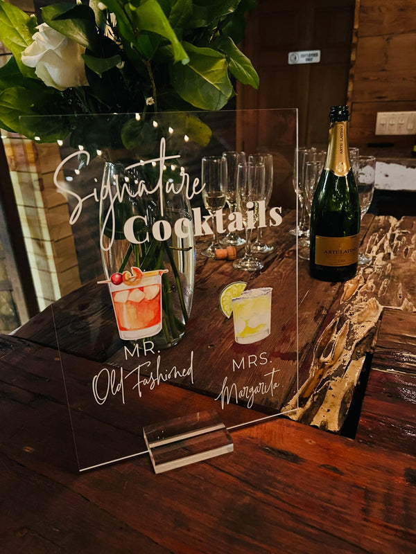 Bar Menu Signature Cocktails Custom Clear Glass Look Acrylic Wedding ...