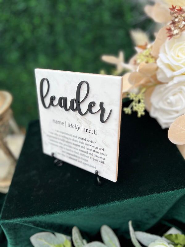 3D Marble Great Leader Definition Plaque With Stand, Thank You Mentor - Pink Posies and Pearls