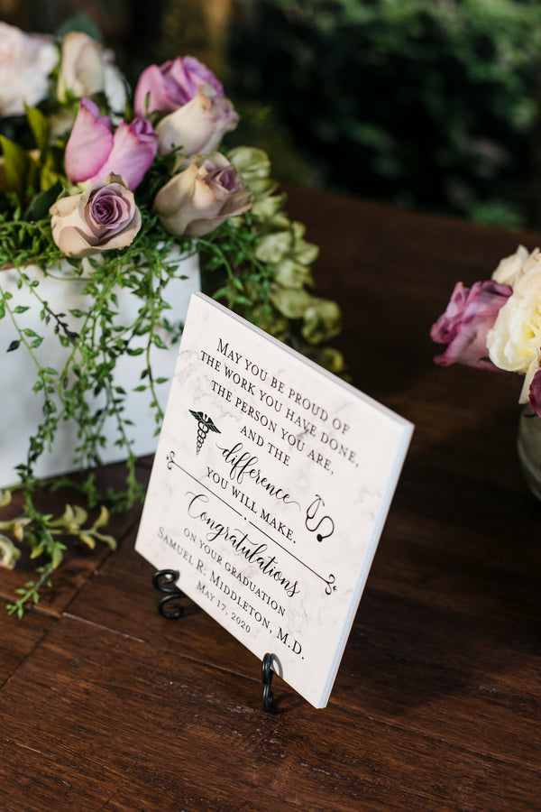 Medical School Graduation Tile Sign Plaque With Stand - Pink Posies and ...